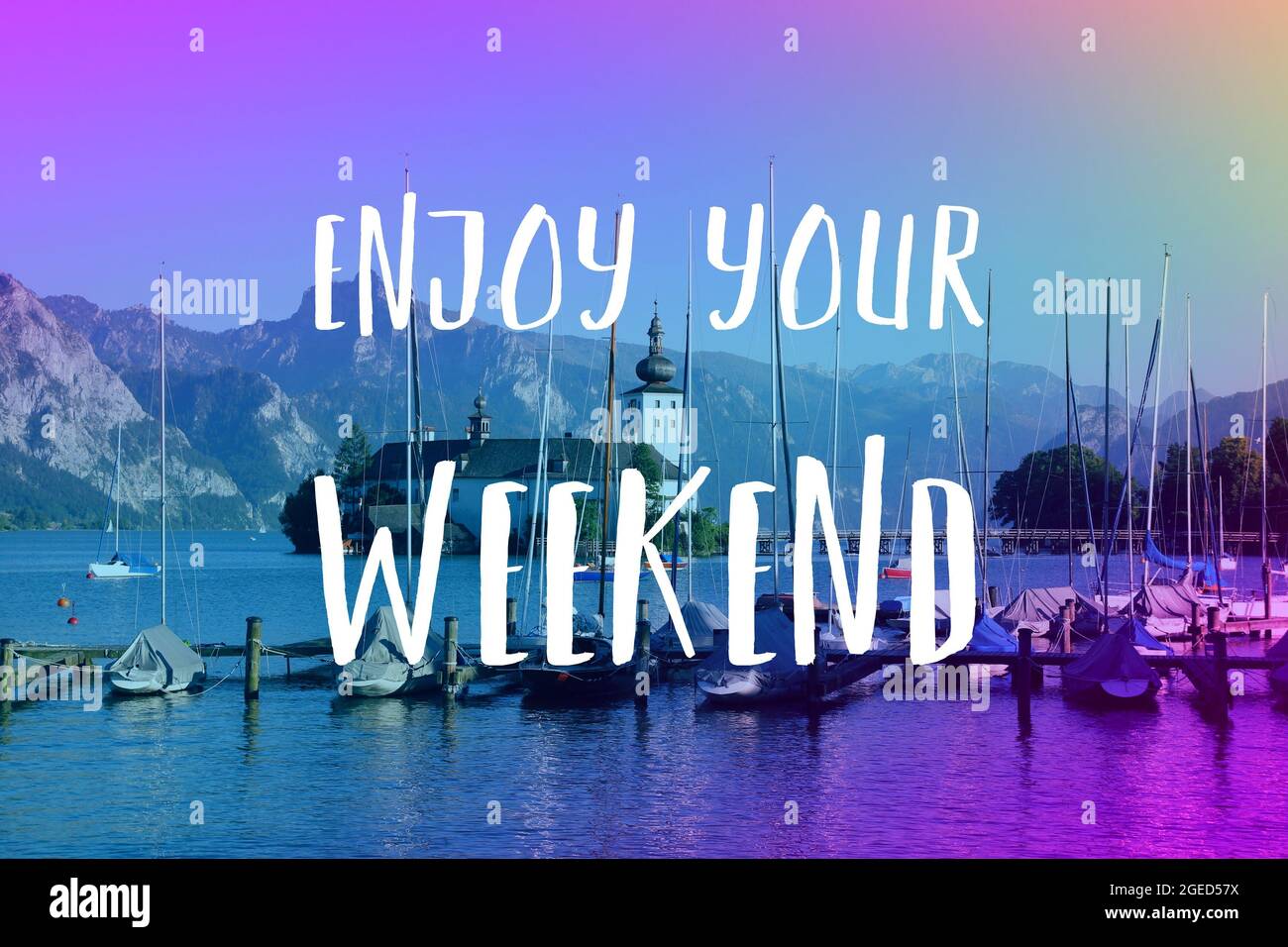 Enjoy your weekend. Workplace joy motivational poster Stock Photo - Alamy