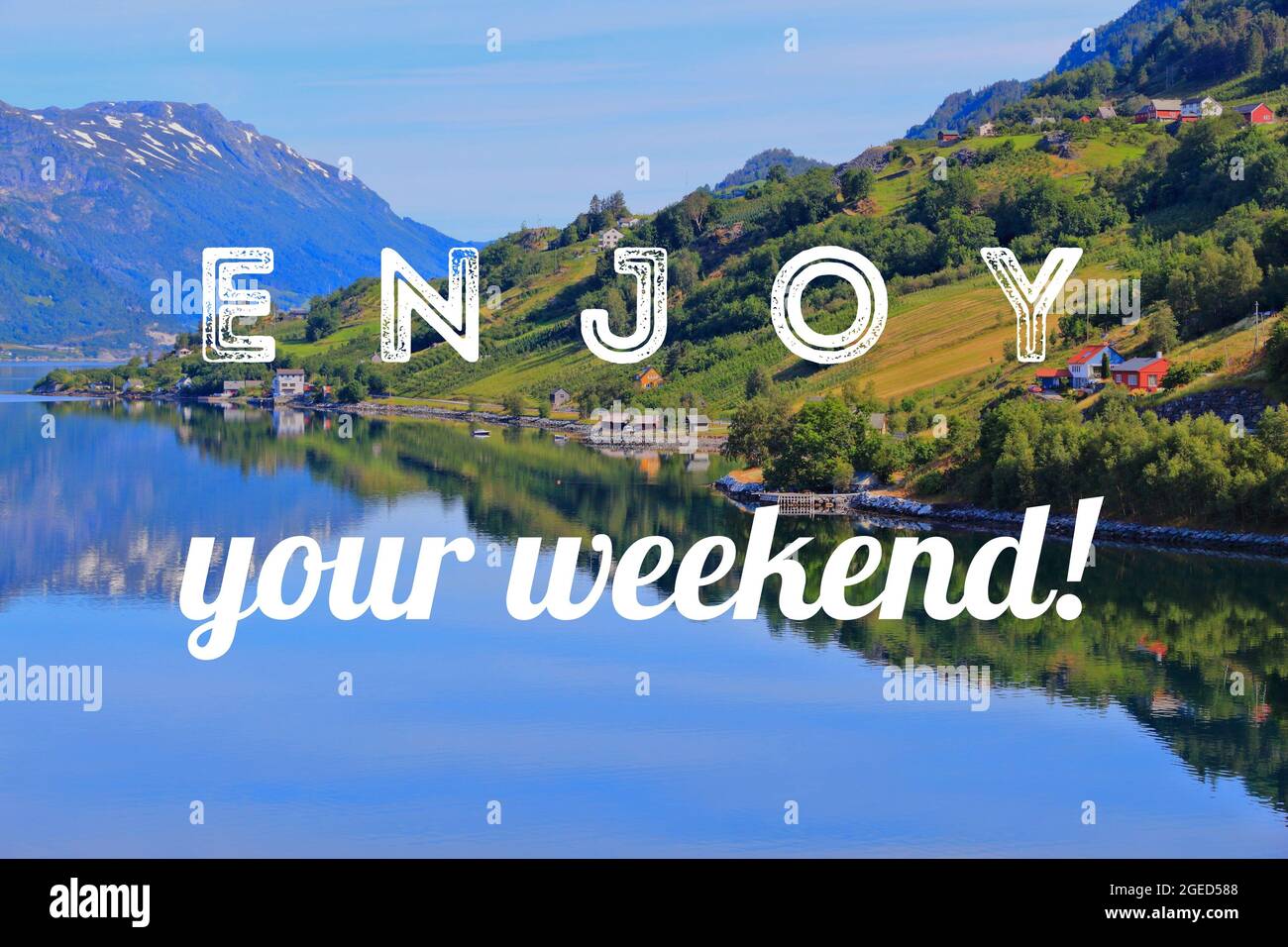 Enjoy your weekend. Workplace joy motivational poster Stock Photo - Alamy