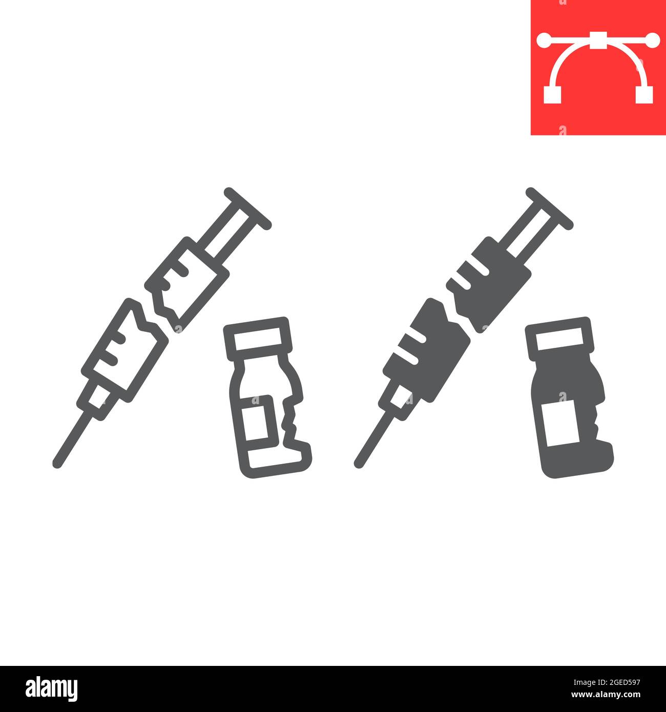 Medical waste line and glyph icon, recycle and ecology, broken syringe ...