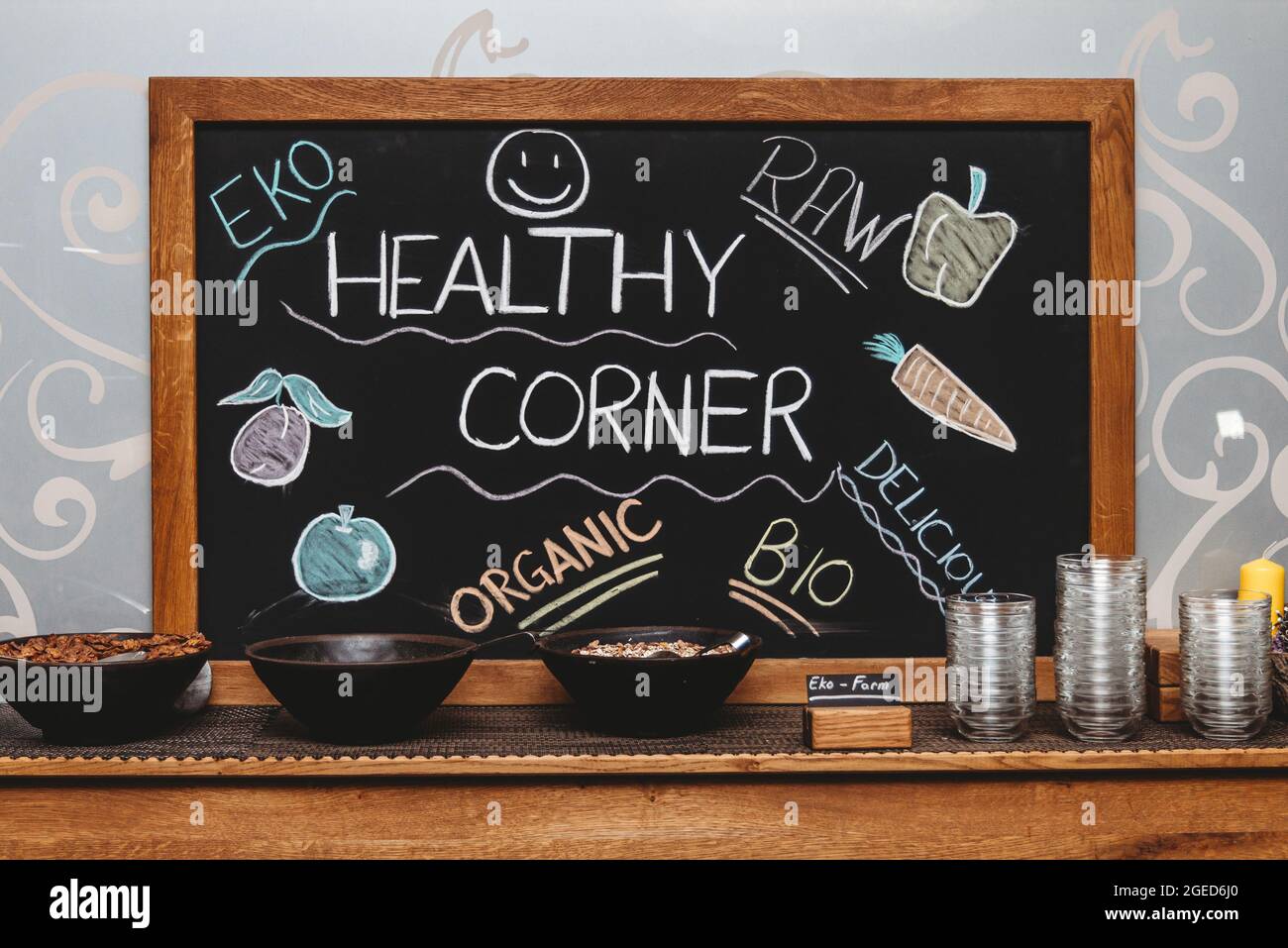 Healthy corner text written on black chalkboard with vegetables drawing ...