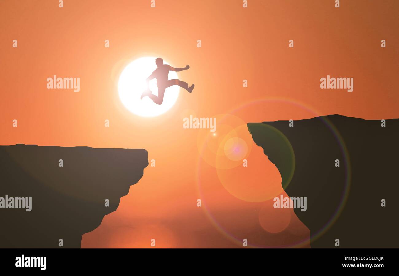 Businessman Goal and success concept Idea. Man Jumping Over the Cliff ...