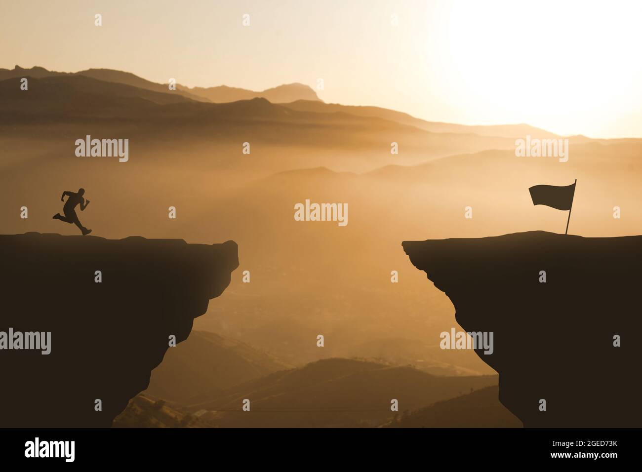 Man Running On Mountain Cliff To Jump To other Side In Order to Achieve ...