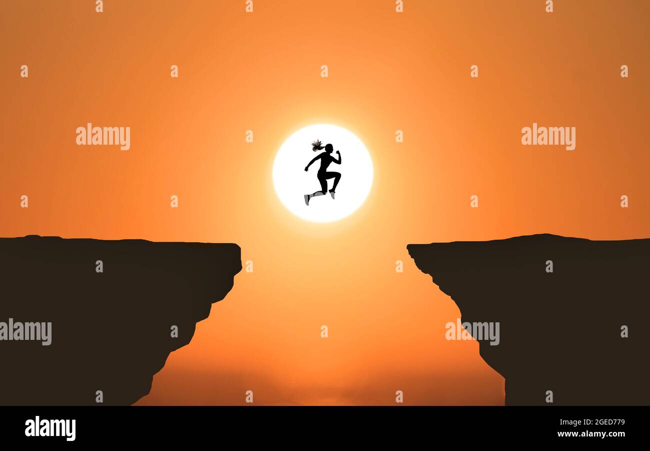 Businesswoman Jumping Over Cliff Sunset background Silhouette. Brave ...