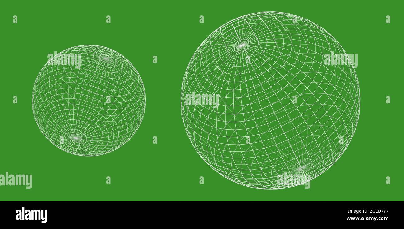 Wireframe globes or spheres on green background, visualization of ...