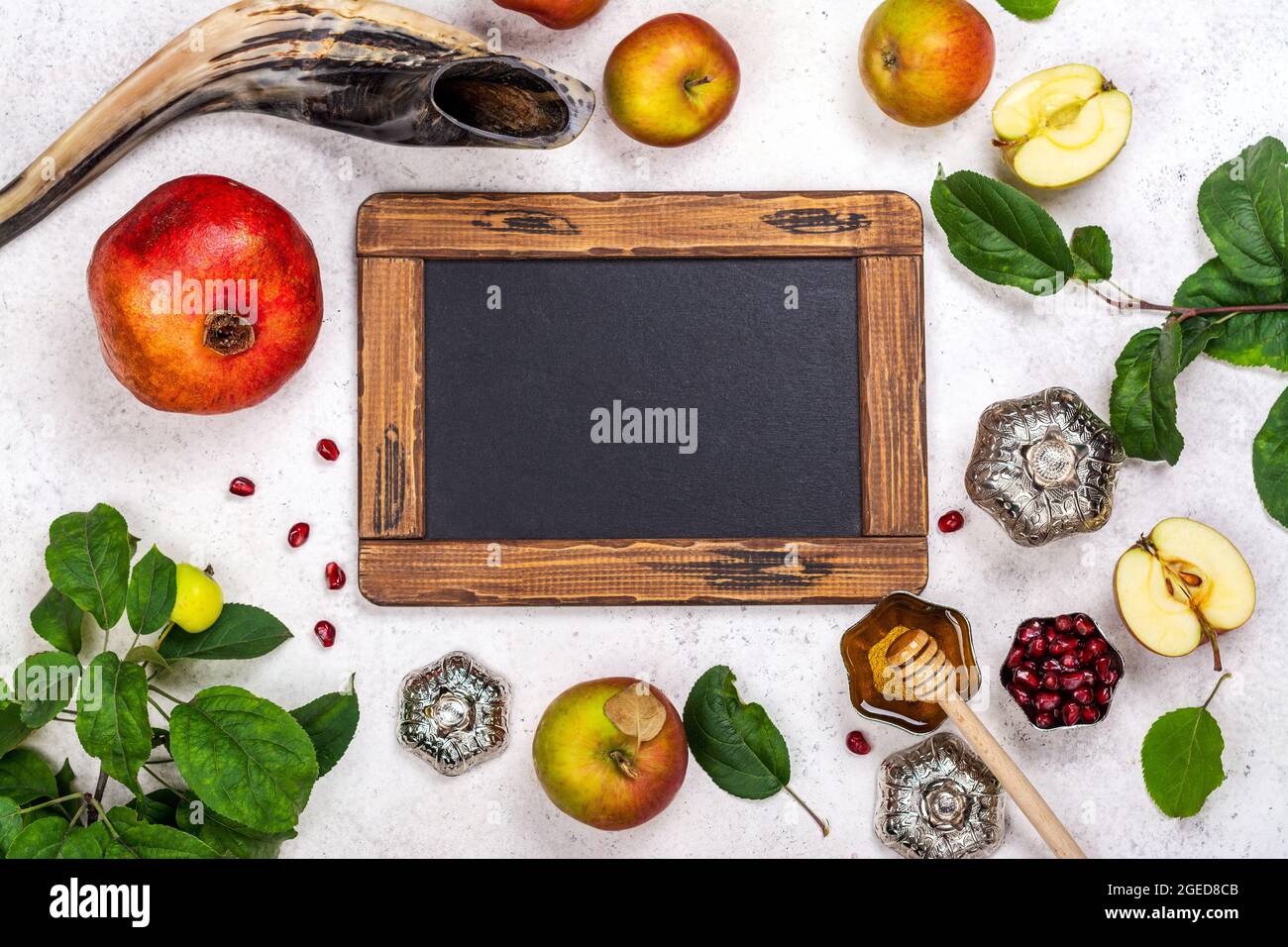 Happy Rosh Hashanah holiday background. Traditional symbols of jewish ...