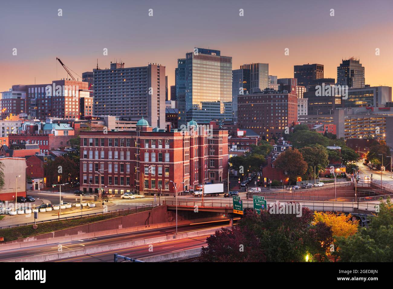 Boston, Massachusetts, USA cityscape over highways at dawn Stock Photo ...