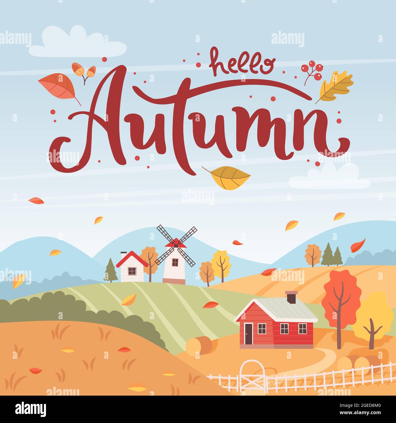 Autumn rural landscape with hand drawn lettering. Countryside landscape ...