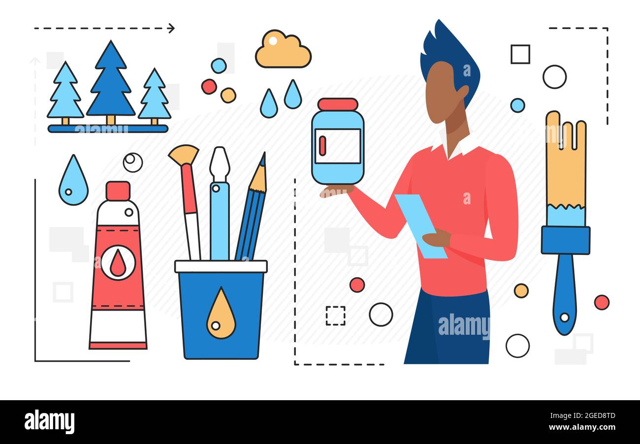 Design from art studio, man character with mobile phone and artist ...