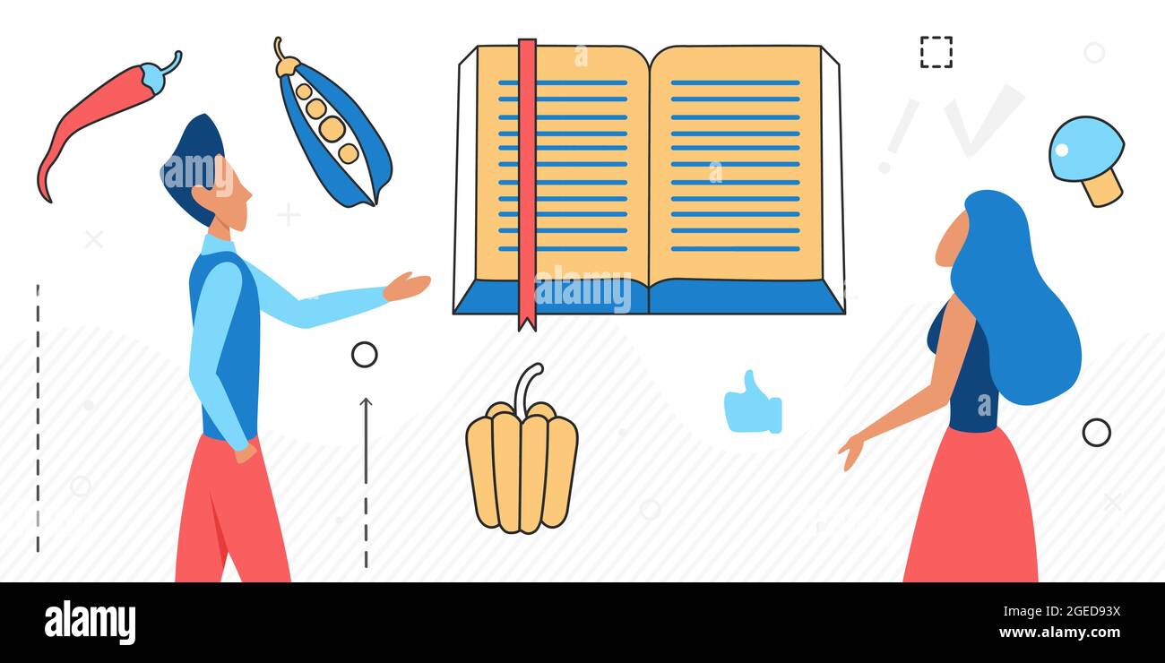 Food cooking, man woman character, recipe book and vegetables line icon ...