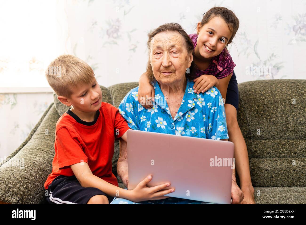 Great-grandmother with children. Family. school kid boy and little ...