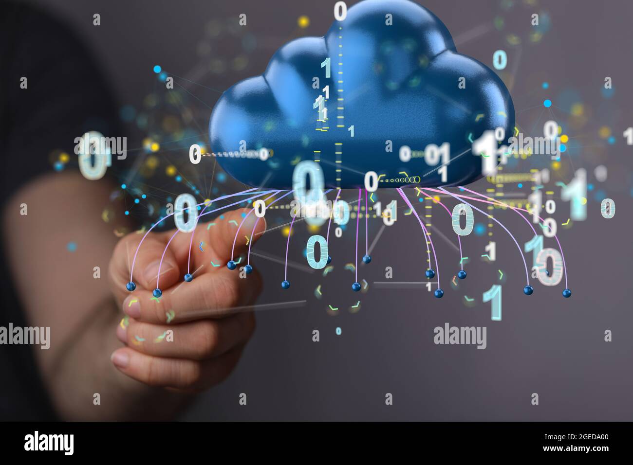 Digital illustration of a data cloud storage network concept and binary ...