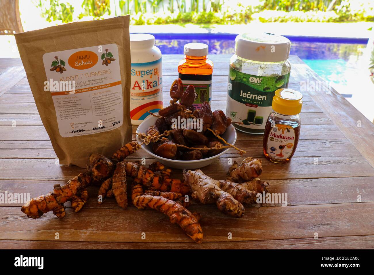 Canggu, Bali, Indonesia, April 16, 2020. Ginger and turmeric roots on ...