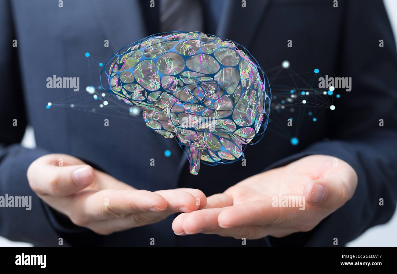 Person working with a 3D render of human brain - artificial ...