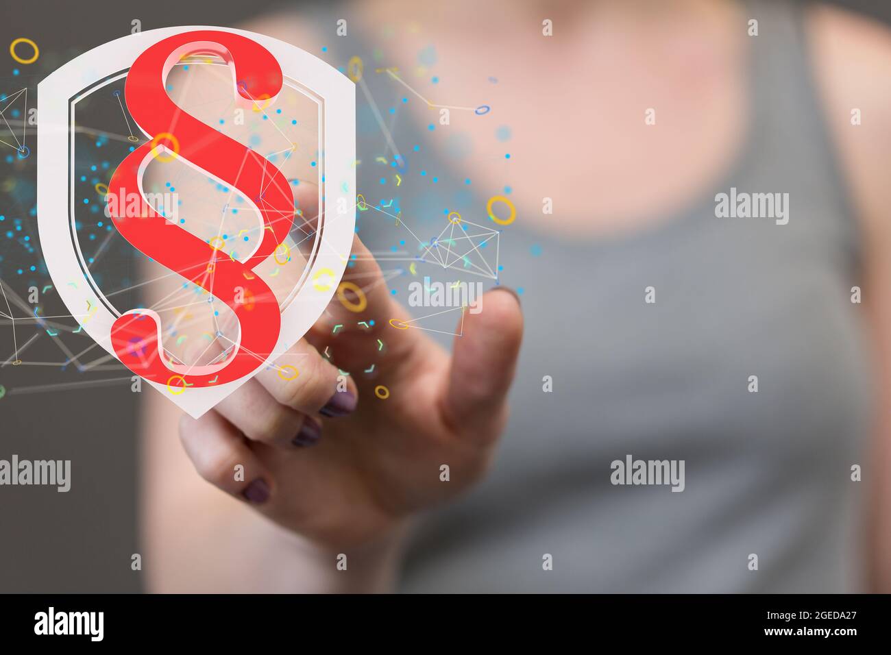 Person working with a 3D rendering of digital paragraph law symbol ...