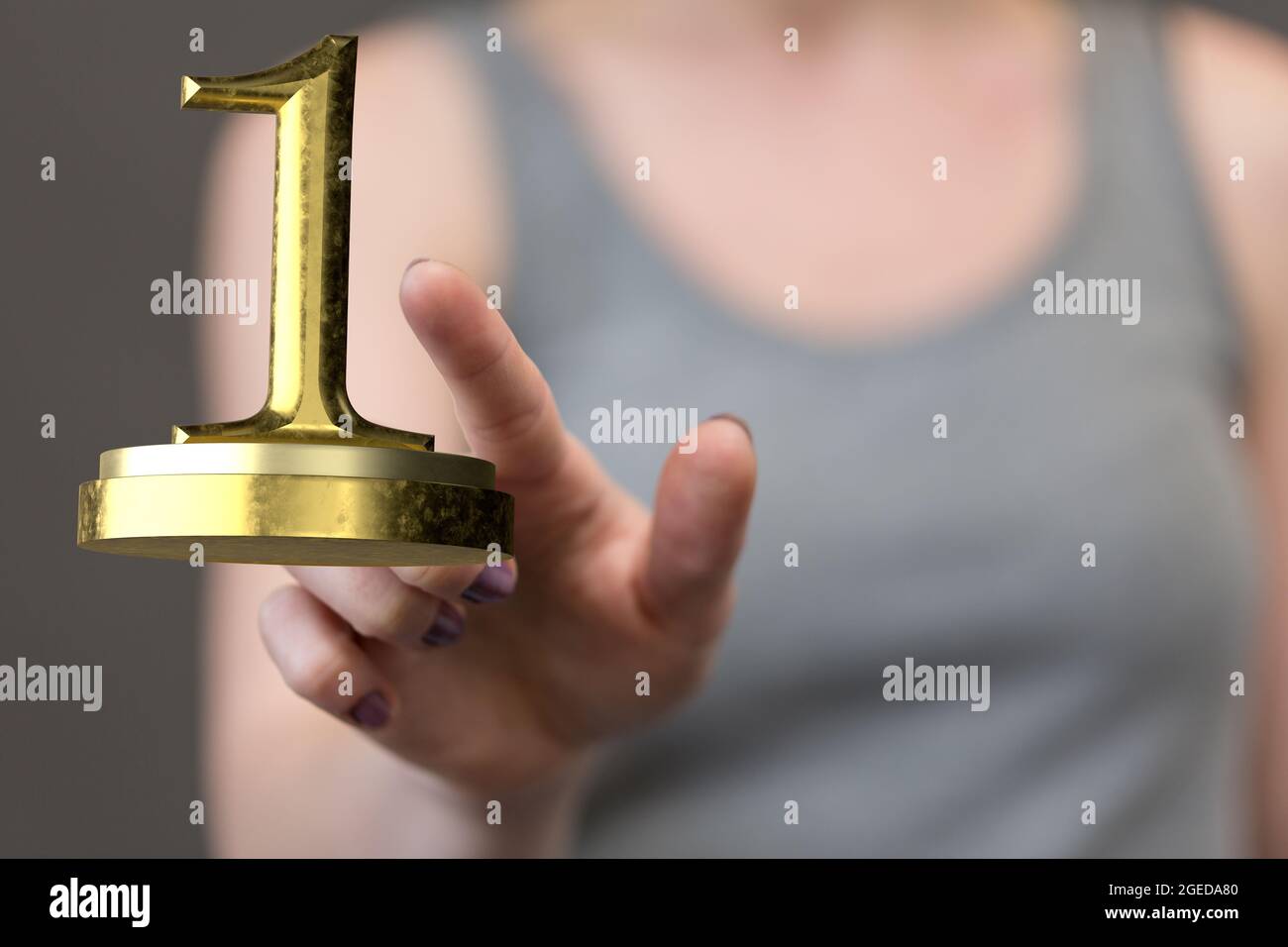 Gold winner first place render of a champion in a hand Stock Photo - Alamy