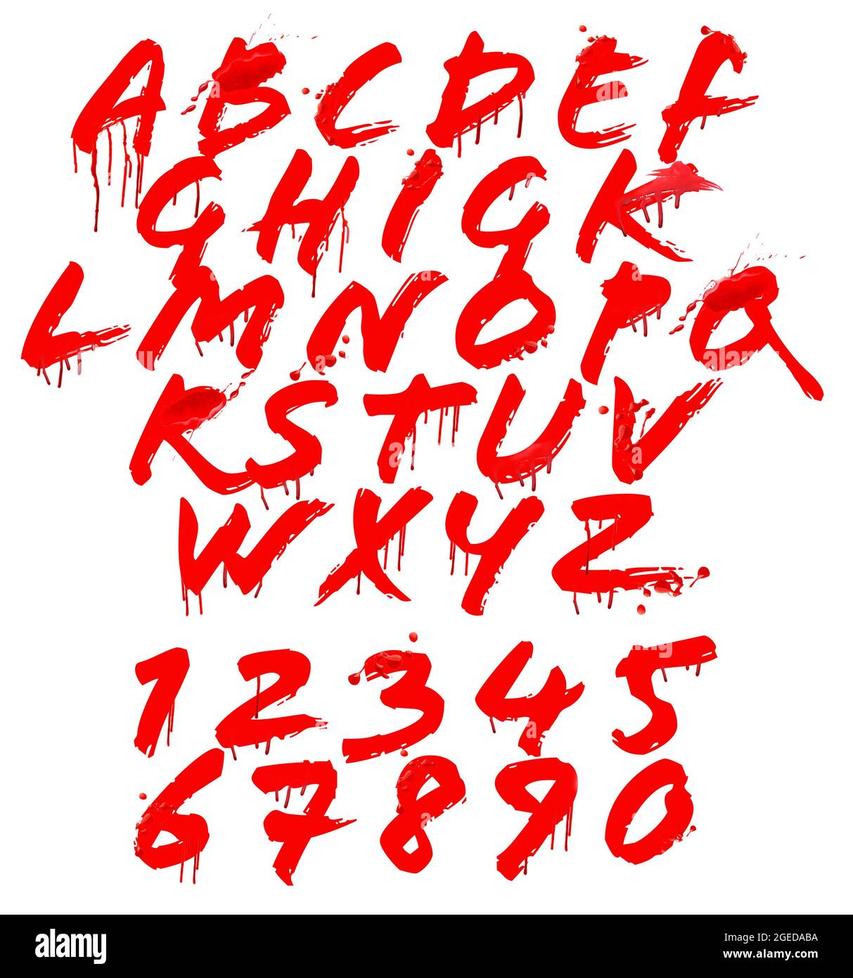 English alphabet letters and numbers written in blood on white ...