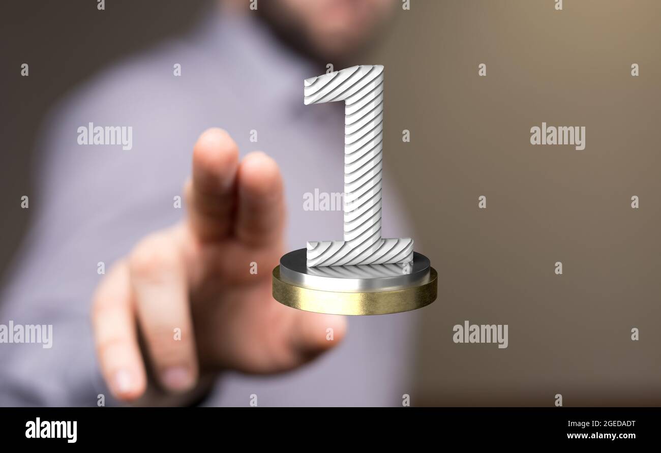 Person's hand reaching to 3D rendered First Place Prize Stock Photo - Alamy