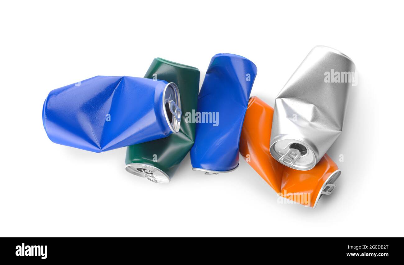 Crumpled cans of soda on white background Stock Photo - Alamy