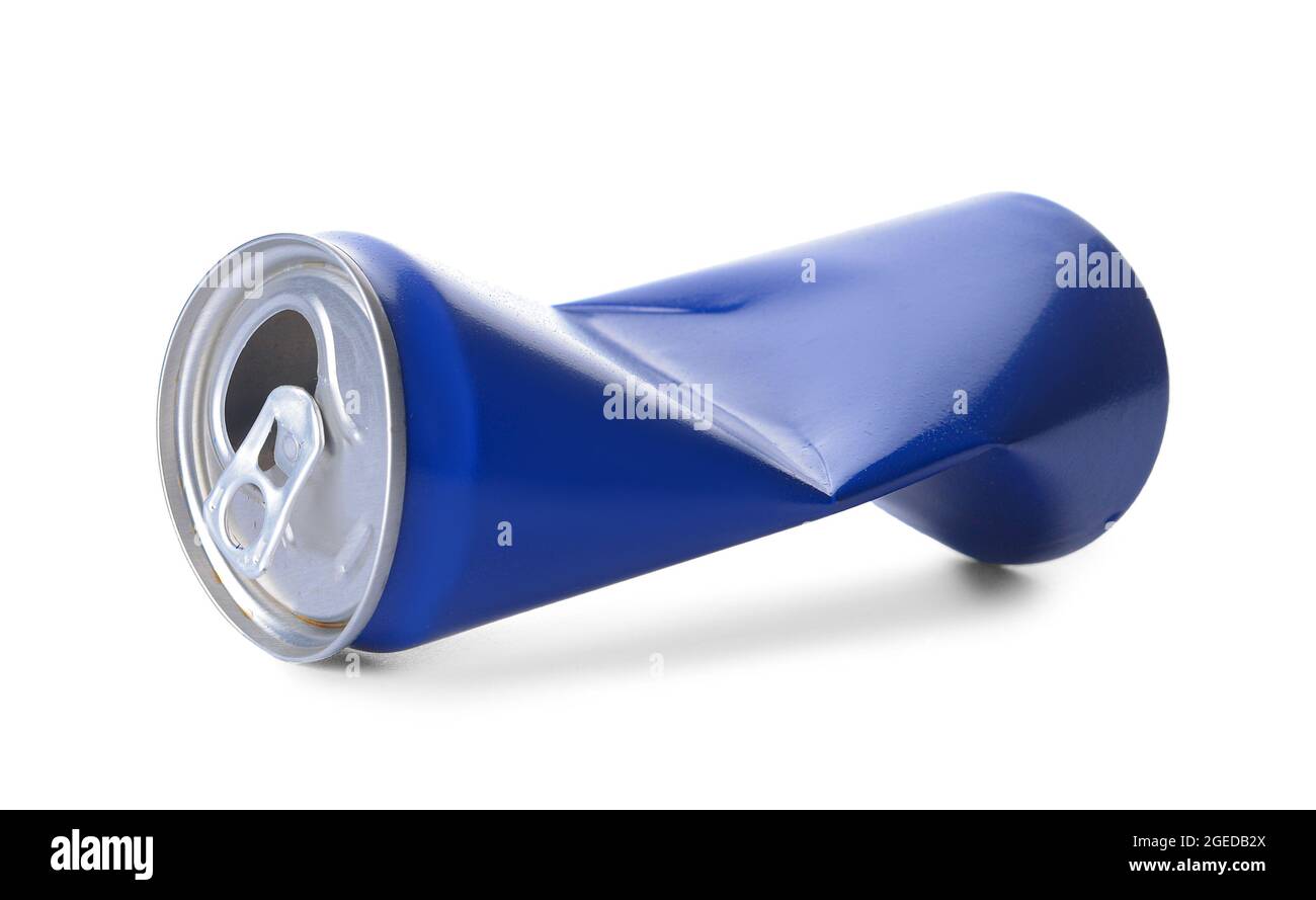 Crumpled can of soda on white background Stock Photo - Alamy