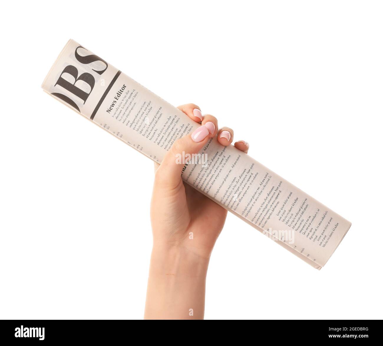 Female hand and newspaper on white background Stock Photo - Alamy