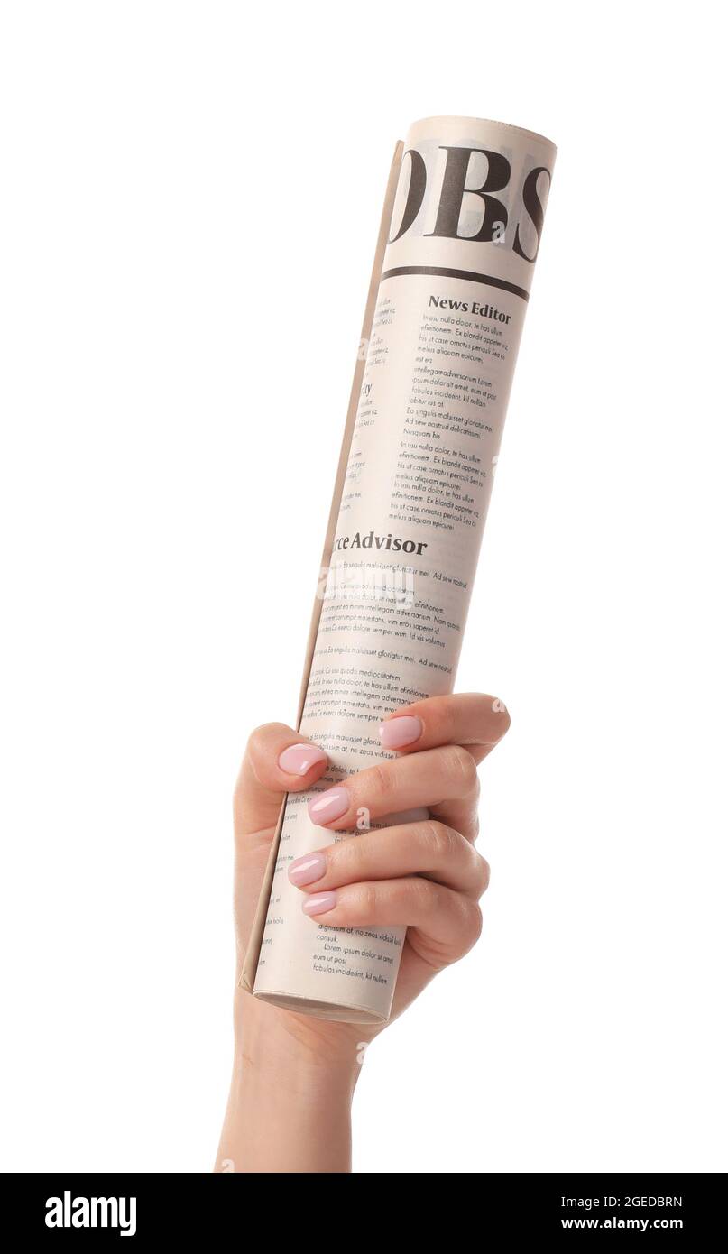 Female hand and newspaper on white background Stock Photo - Alamy