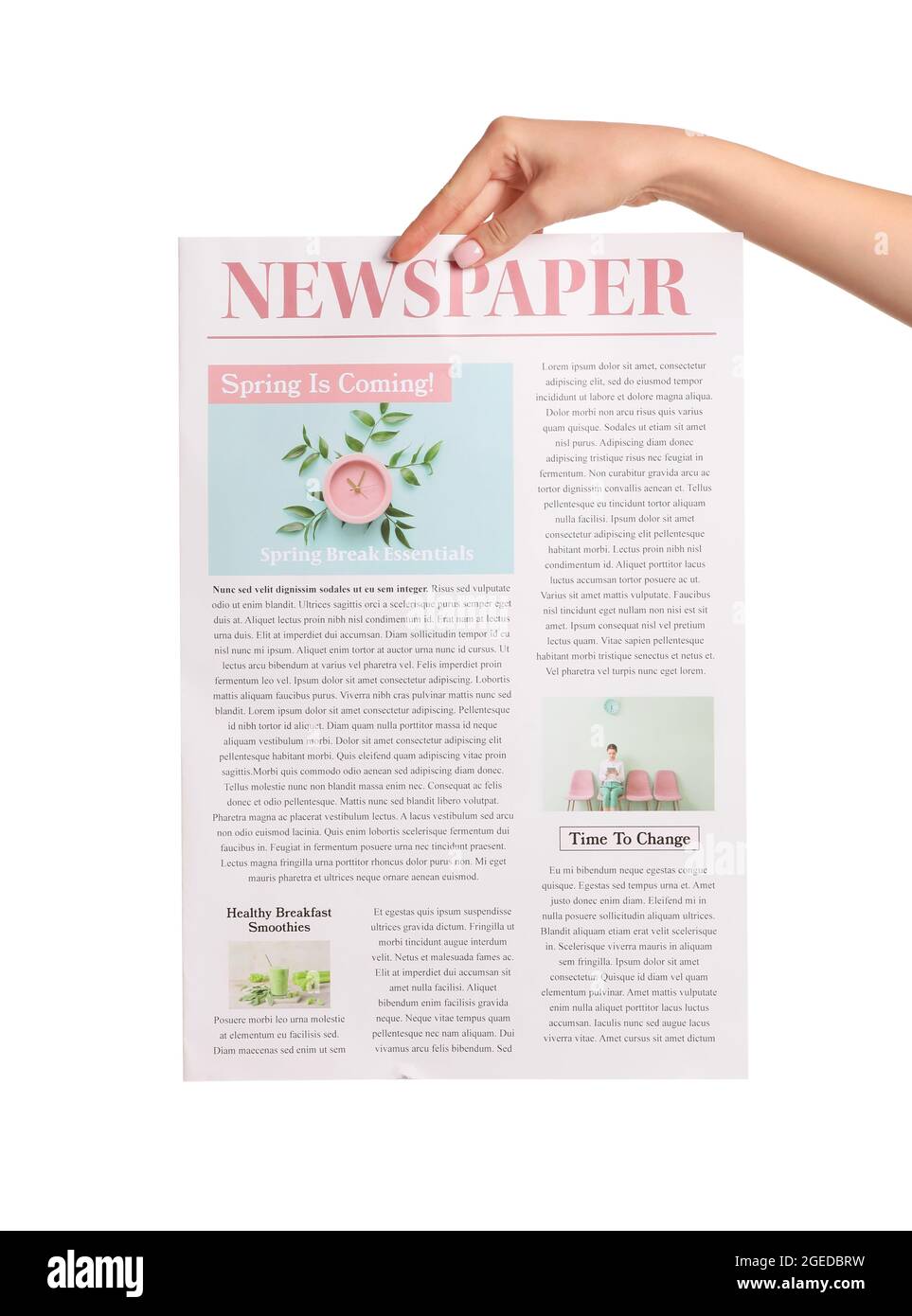 Female hand and newspaper on white background Stock Photo - Alamy