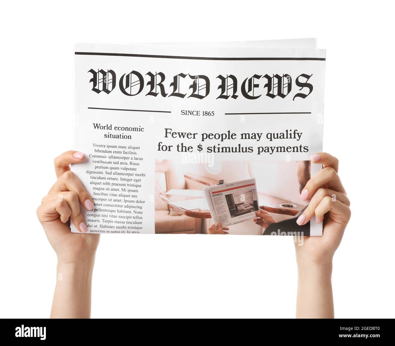 Female hands and newspaper on white background Stock Photo - Alamy