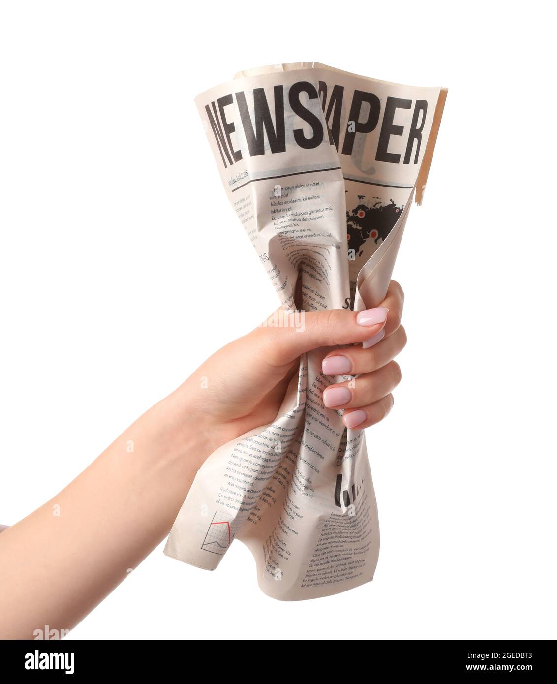 Female hand and crumpled newspaper on white background Stock Photo - Alamy