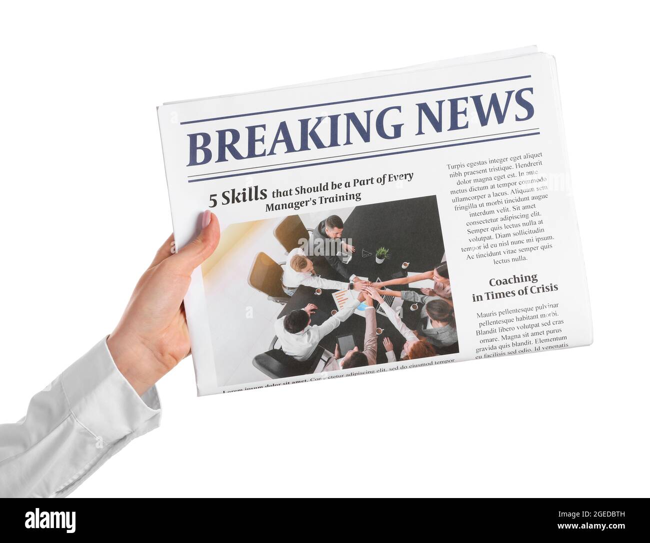 Female hand and newspaper on white background Stock Photo - Alamy