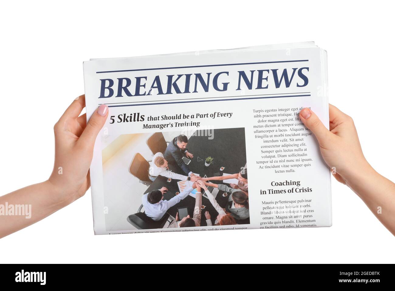 Female hands and newspaper on white background Stock Photo - Alamy