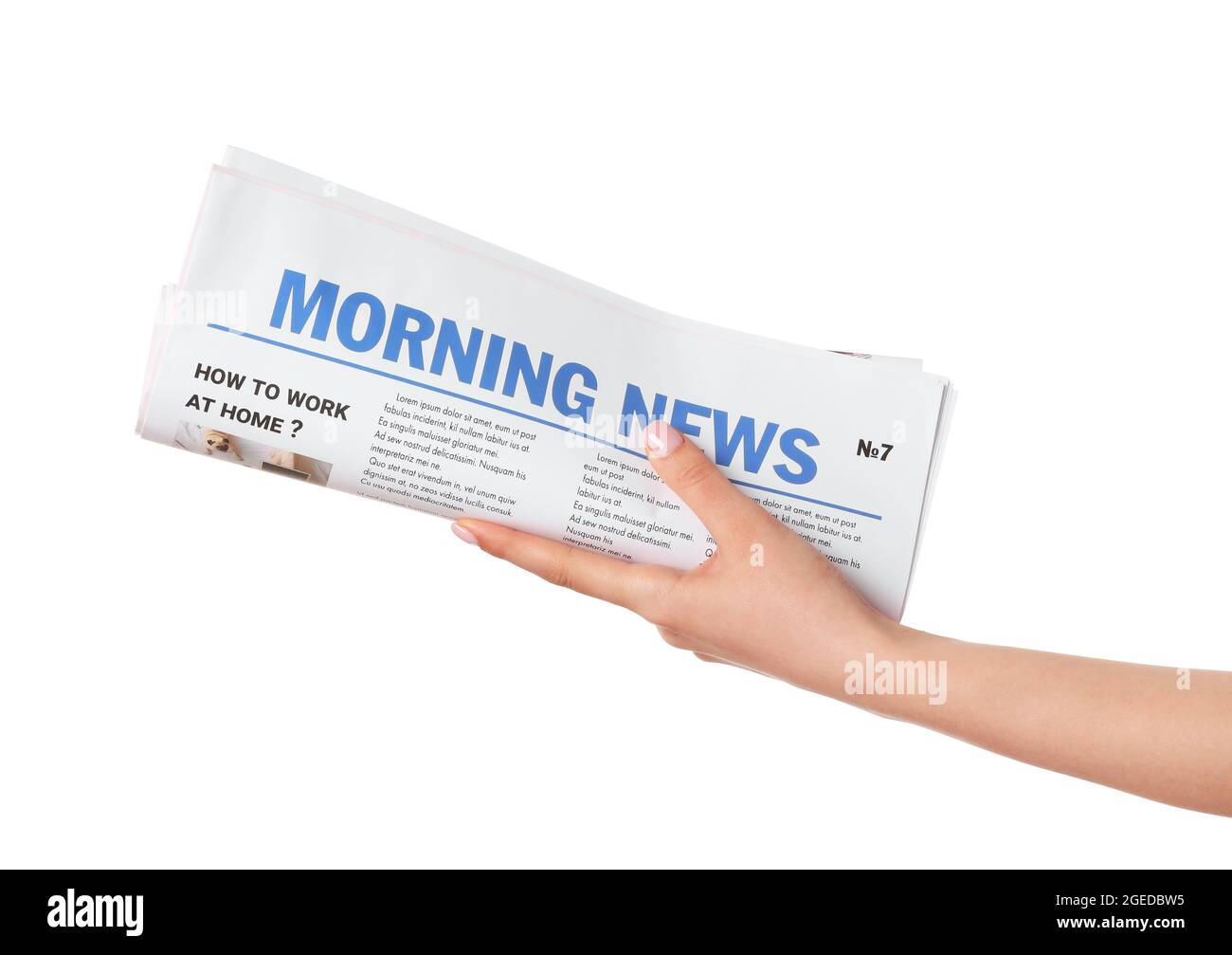 Female hand and newspaper on white background Stock Photo - Alamy
