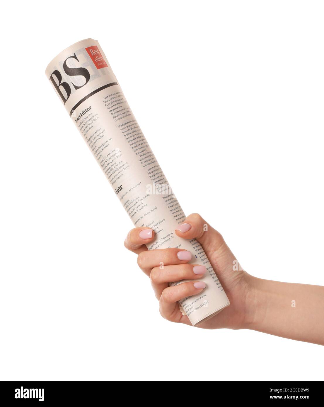 Female hand and newspaper on white background Stock Photo - Alamy