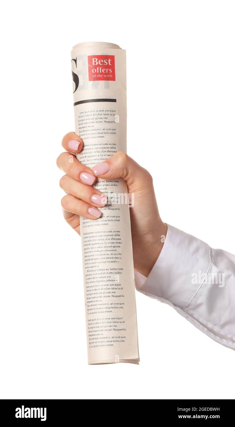 Female hand and newspaper on white background Stock Photo - Alamy