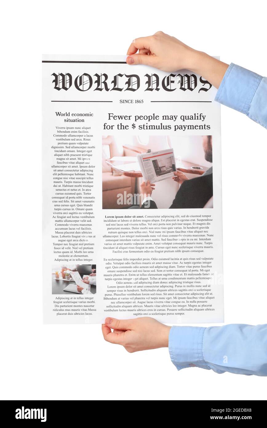 Female hands and newspaper on white background Stock Photo - Alamy