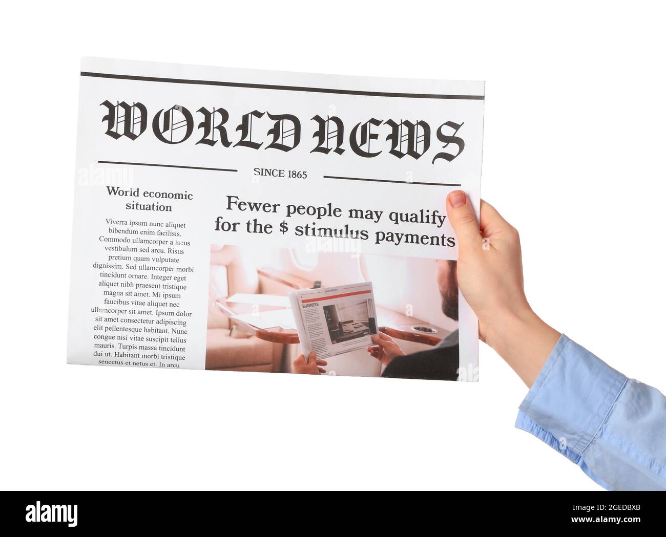 Female hand and newspaper on white background Stock Photo - Alamy
