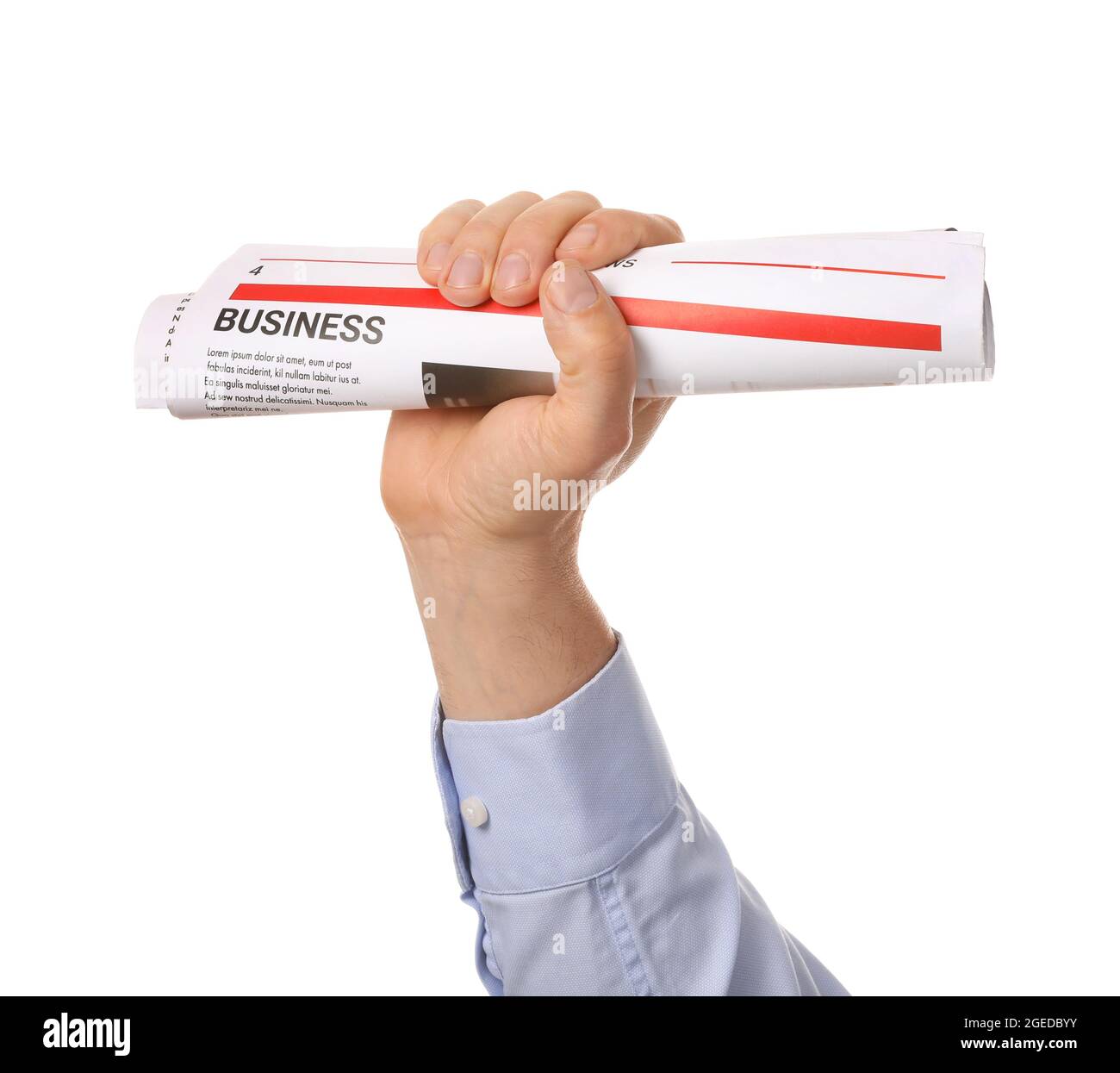 Male hand and newspaper on white background Stock Photo - Alamy