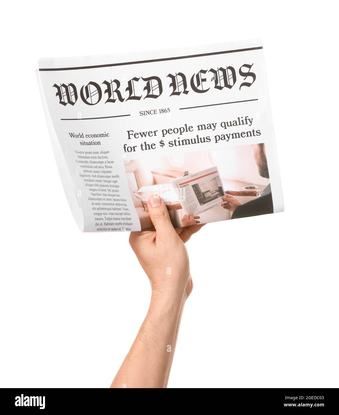 Male hand and newspaper on white background Stock Photo - Alamy