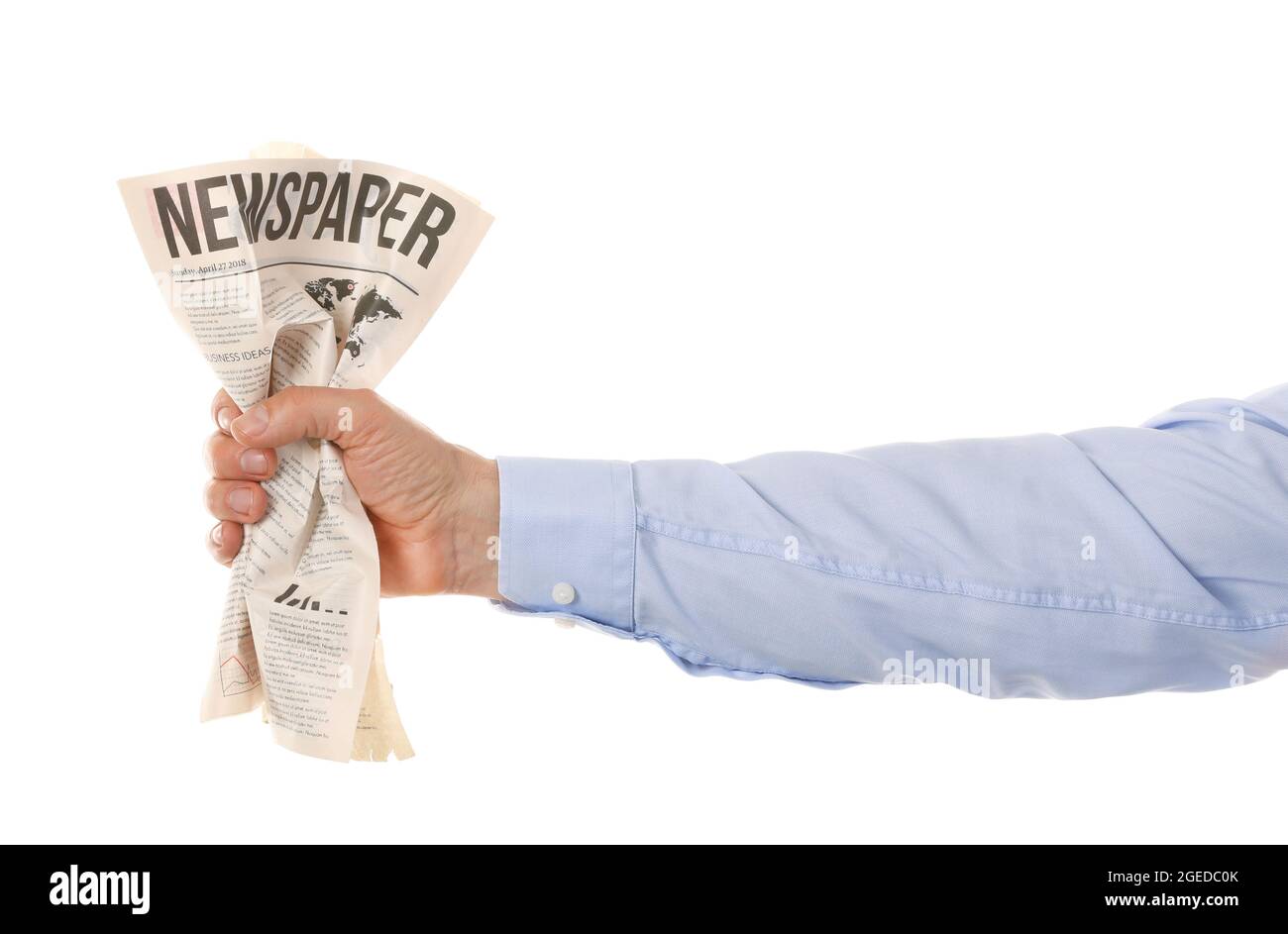 Male hand and crumpled newspaper on white background Stock Photo - Alamy