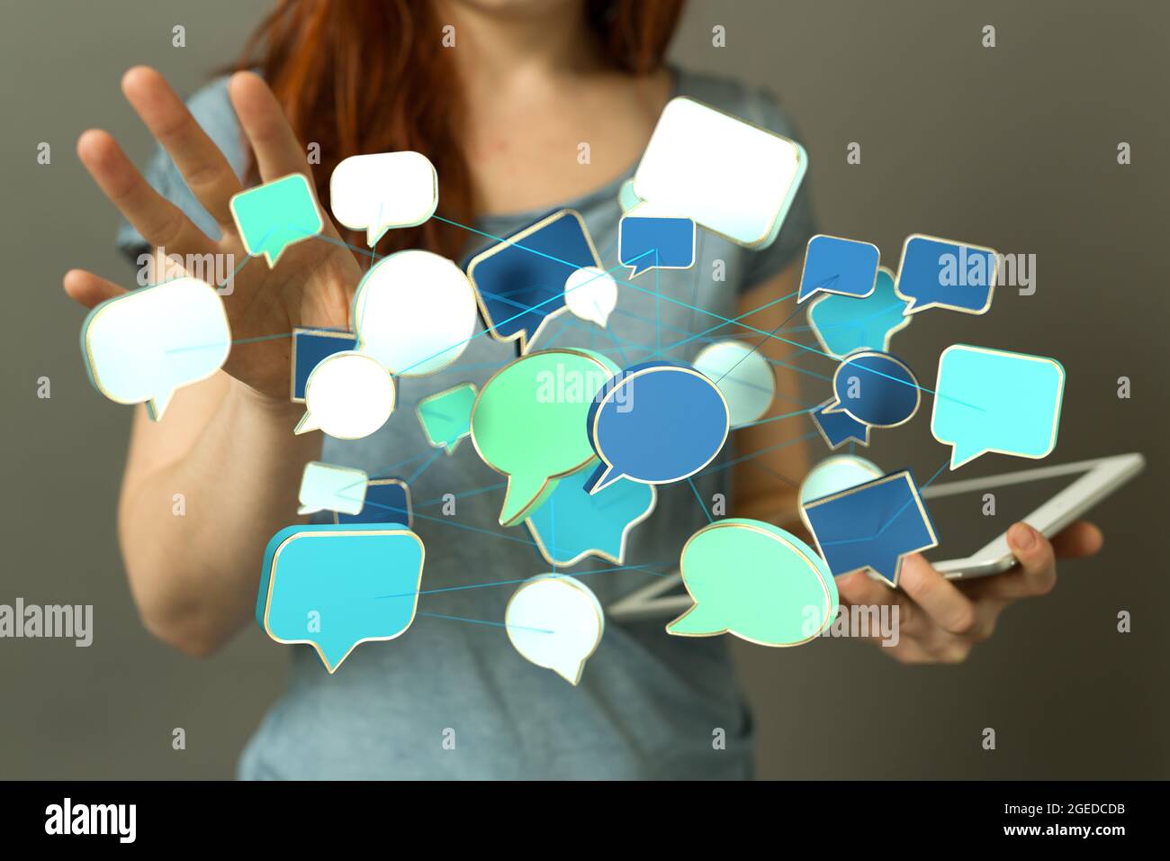 Person showing a 3D rendering of online Message and Chat icons Stock ...