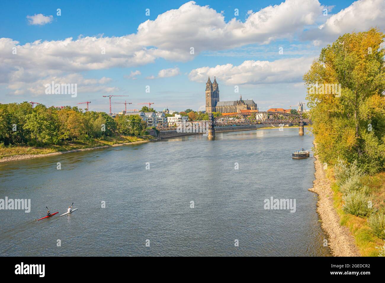Historical downtown of Magdeburg, old town, Elbe river, old footbridge ...