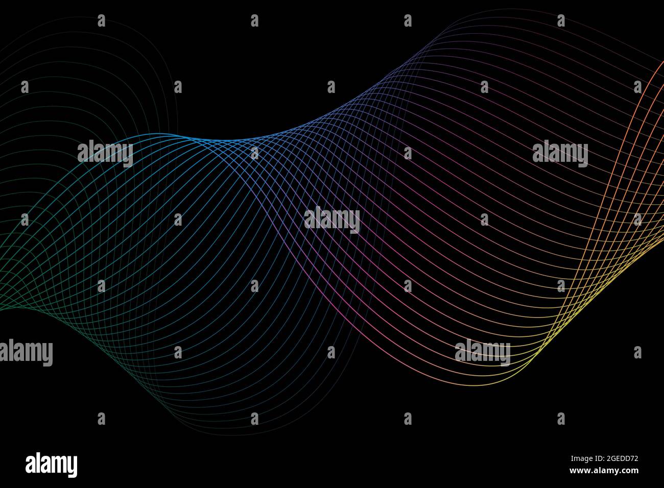 Abstract wave-like shape made up of colorful gradient lines on a black ...
