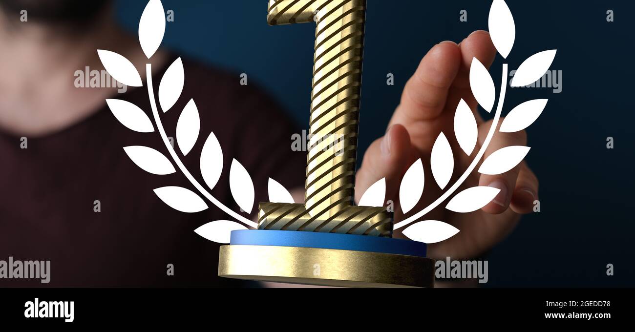 Person's hand reaching to 3D rendered First Place Prize Stock Photo - Alamy