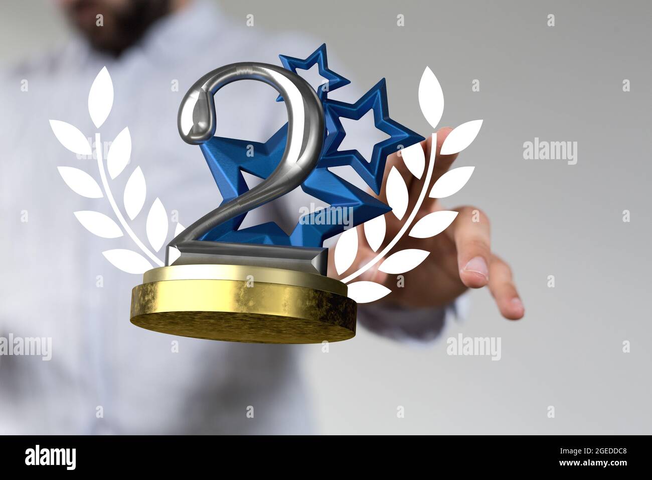 Person's hand reaching to 3D rendered Second Place Prize Stock Photo ...