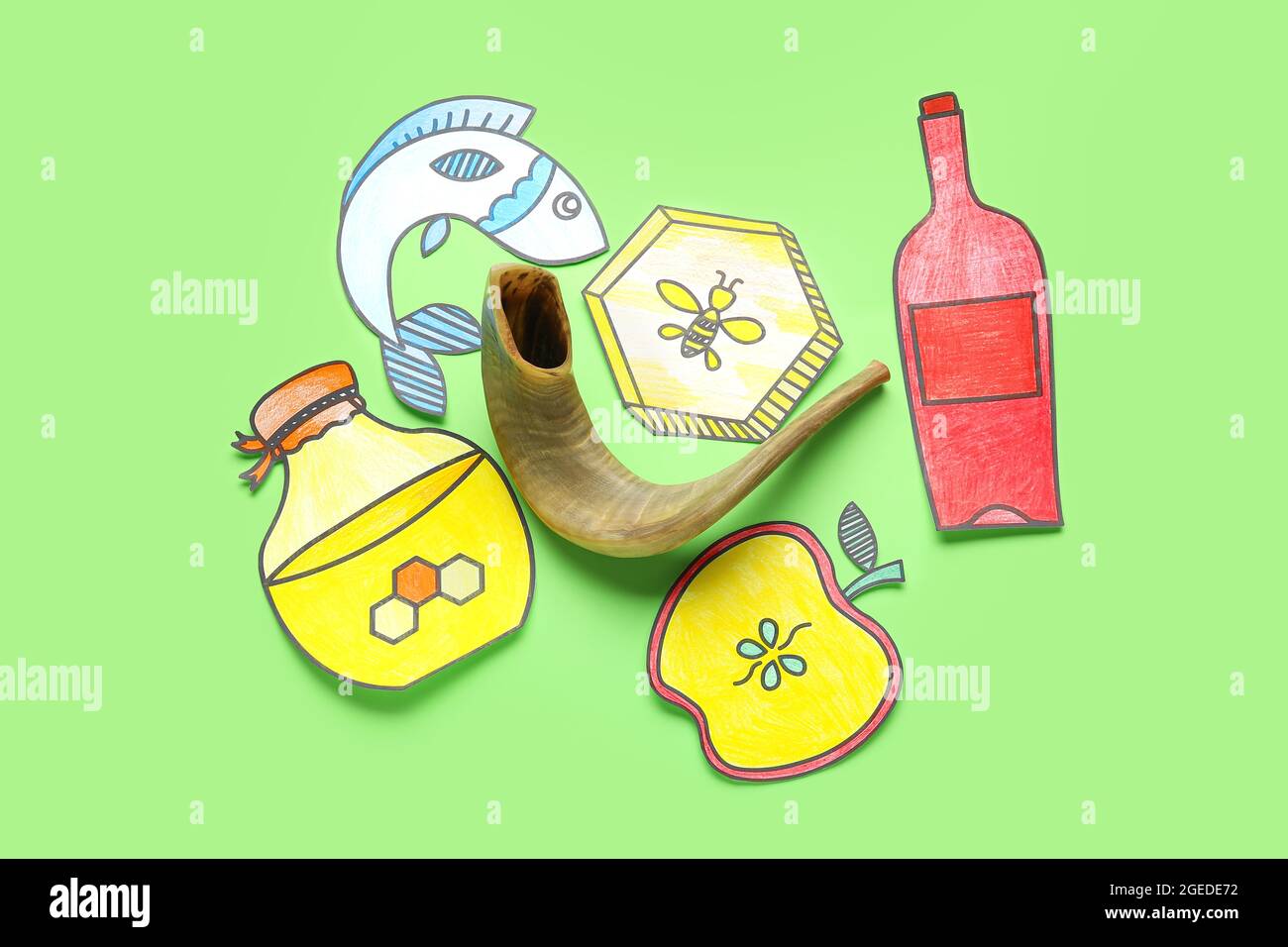 Paper symbols and shofar of Rosh hashanah (Jewish New Year) on color ...