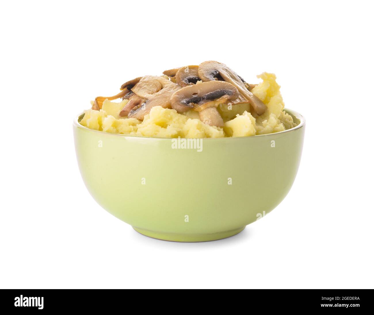 Bowl with tasty mashed potatoes and mushrooms on white background Stock ...