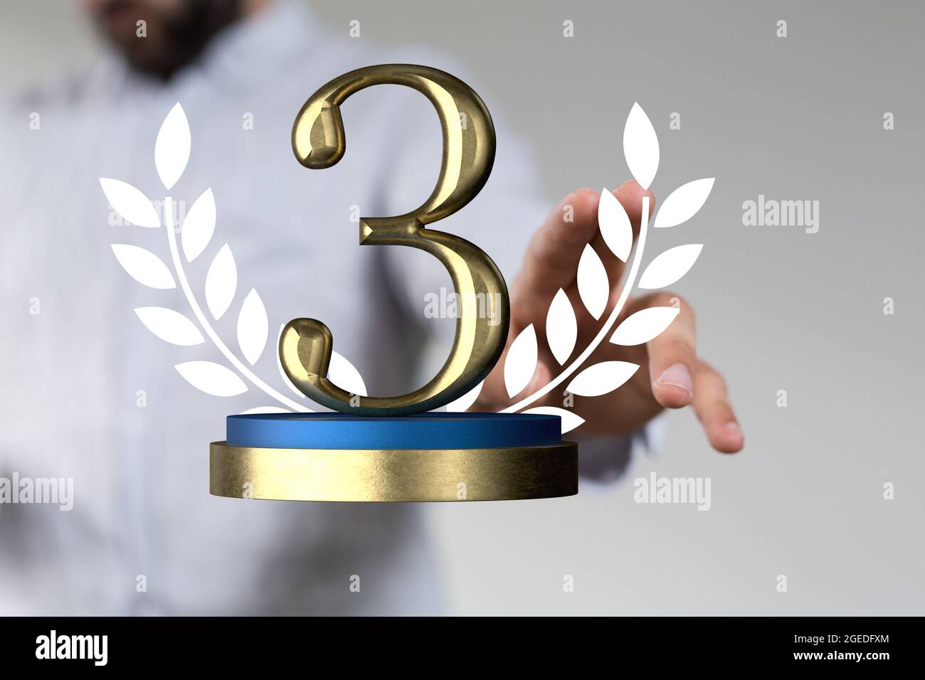 Person's hand reaching to 3D rendered Third Place Prize Stock Photo - Alamy