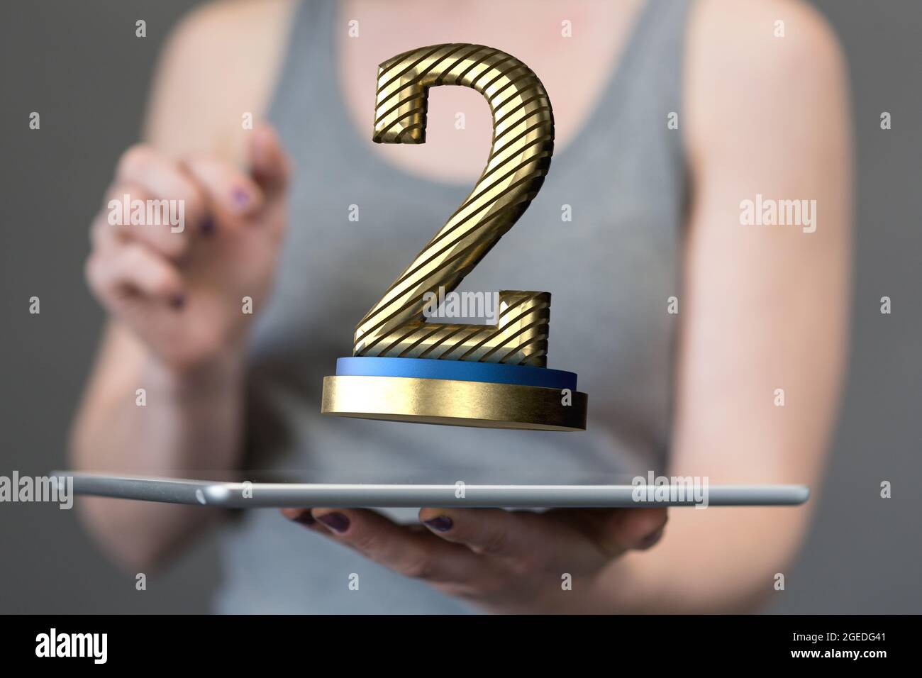 Digital concept of 2 year anniversary or second prize trophy on the ...