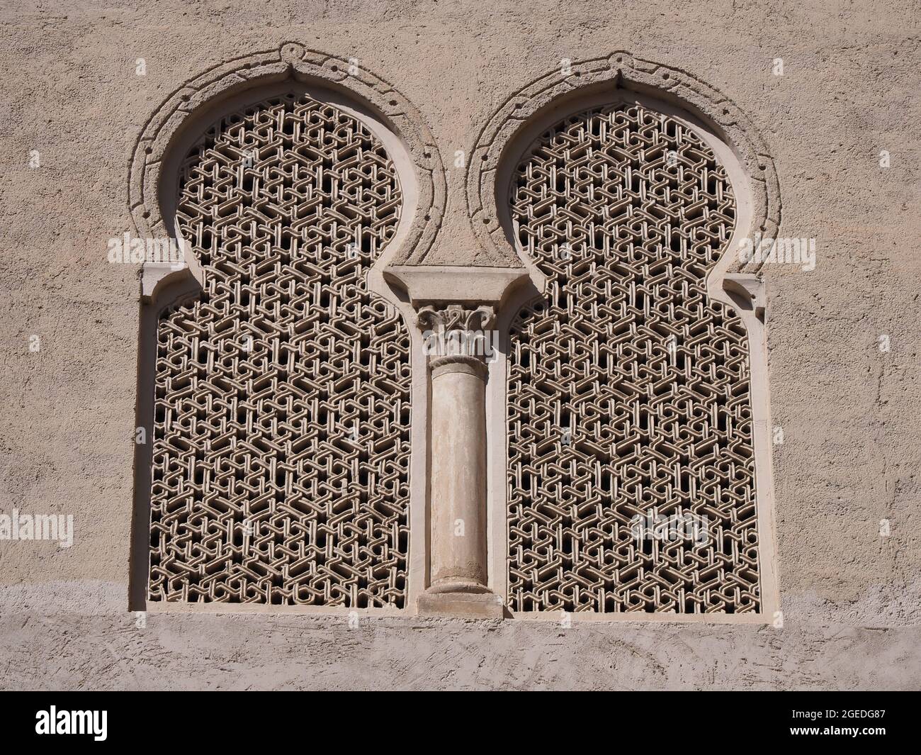 Medieval bifora window of palace in european Saragossa city at Aragon ...