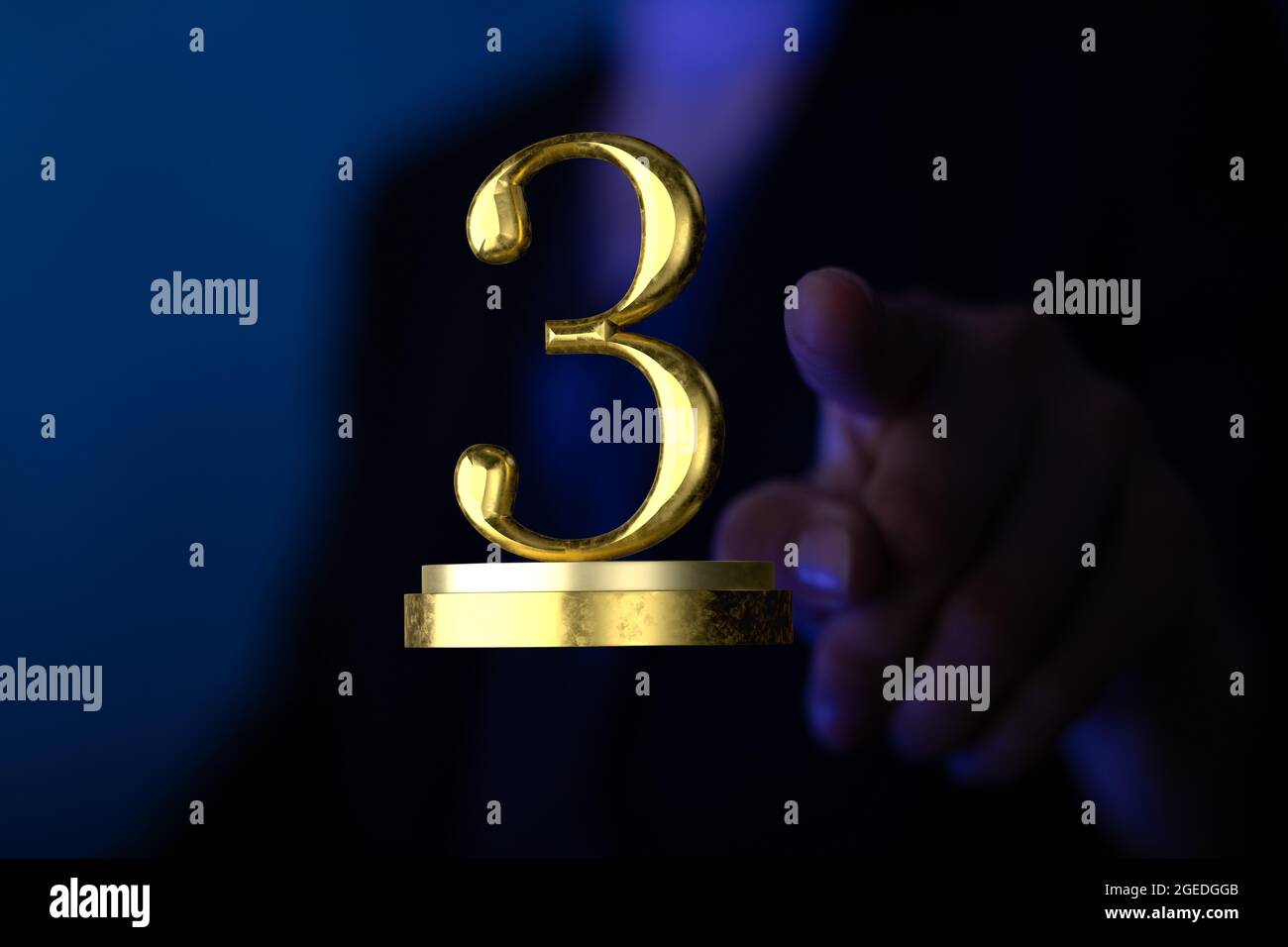 3D rendered 3rd place number with a pointing person on the background ...