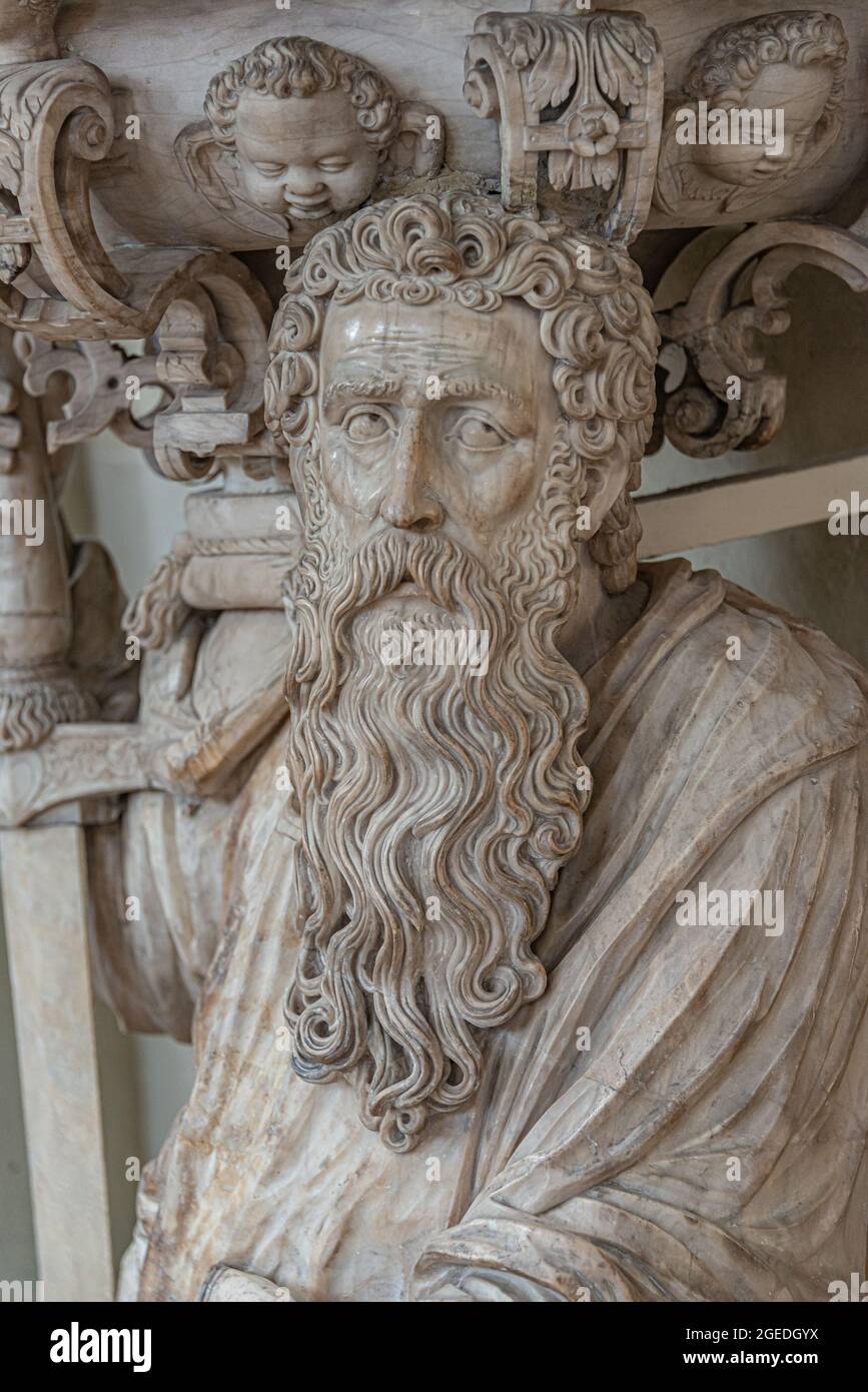 Interior statue of old bearded Knight Monk with big sword in Magdeburg ...